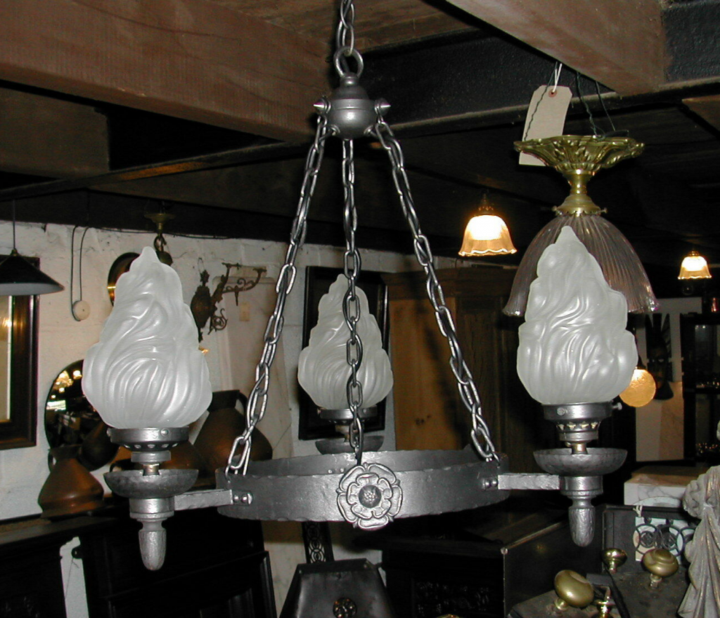 L3 – Vintage cast iron light with 3 flambe shades – Adelphi Antiques ...